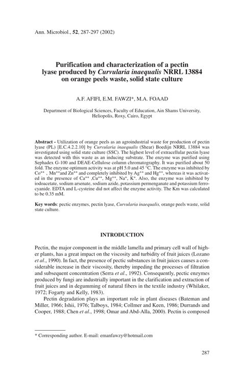 Pdf Purification And Characterization Of Pectin Lyase Produced By Curvularia Inaequalis Nrrl