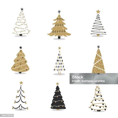 검은 색과 금색 크리스마스 트리 아이콘 세트 Xmas 기호 간단한 피토그램 컬렉션 겨울 철 디자인 요소 새해 실루엣 기호 플랫