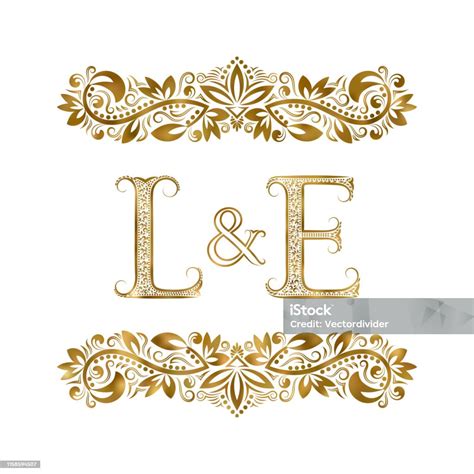 L 과 E 빈티지 이심 기호입니다 편지는 장식 요소로 둘러싸여 있습니다 결혼식 또는 비즈니스 파트너 로얄 스타일의 모노그램 결혼식에 대한 스톡 벡터 아트 및 기타 이미지