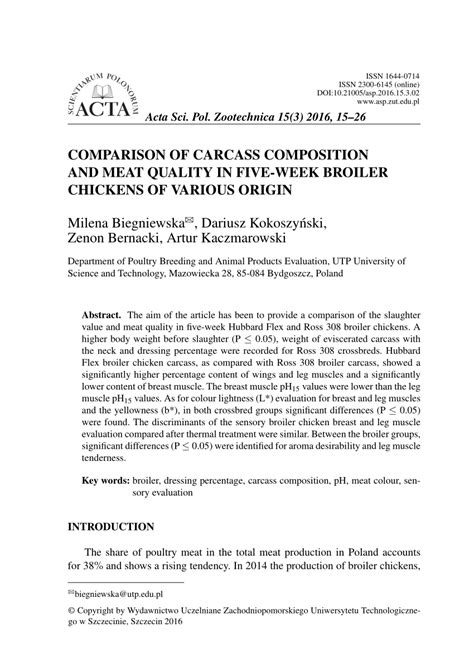 Pdf Comparison Of Carcass Composition And Meat Quality In Five Week Broiler Chickens Of