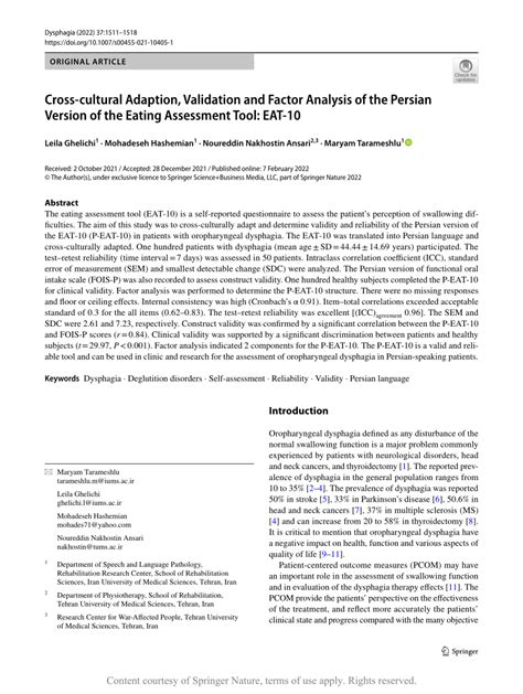 Cross Cultural Adaption Validation And Factor Analysis Of The Persian Version Of The Eating