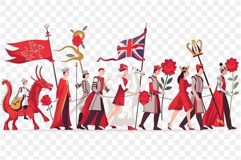 세인트 조지 데이 퍼레이드에서 행진하는 Psd 사람들 디자인은 패트리오 플래트 2d 디자인 페스티벌 배너 아트입니다 프리미엄 Ai 생성 Psd