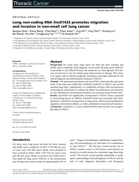 Pdf Long Non Coding Rna Linc01433 Promotes Migration And Invasion In Non Small Cell Lung Cancer