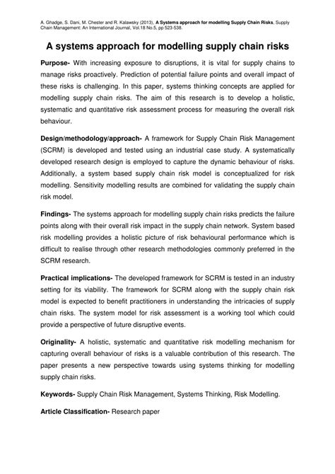 Pdf A Systems Approach For Modelling Supply Chain Risks