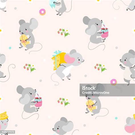 귀여운 마우스 원활한 패턴입니다 만화 재미있는 생쥐와 아기 패브릭 프린트 다양한 쥐 장식적인 유치한 생물 요즘 벡터 배경