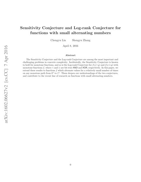 Pdf Sensitivity Conjecture And Log Rank Conjecture For Functions With Small Alternating Numbers
