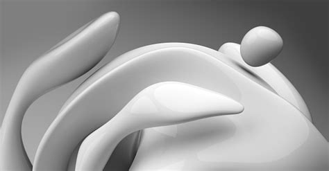 흑백 흑백 추상 예술의 3d 렌더링 3d 배경과 곡선 물결 모양의 유기 선으로 초현실적 인 외계인 꽃의 일부가 회색 뒷면에 흰색 광택 세라믹 소재로 형성됩니다 0명에 대한