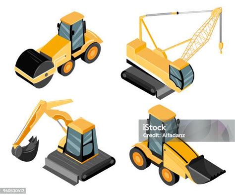 건설 기계 집합입니다 도 롤러 굴 삭 기 크레인입니다 작업 컴퓨터의 기본 노란 색입니다 벡터 그림을 흰색 배경에 고립입니다 웹 사이트 페이지 및 모바일 애플 리 케이 션