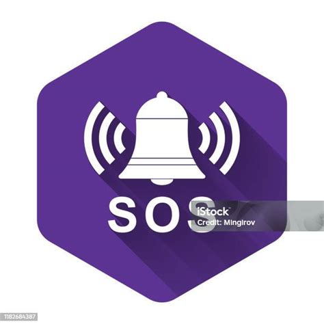 긴 그림자로 격리 된 흰색 알람 벨과 Sos 문자 아이콘 경고 벨 도움말 기호 비상 Sos 버튼 보라색 육각 버튼 벡터 일러스트레이션 Sos에 대한 스톡 벡터 아트 및 기타