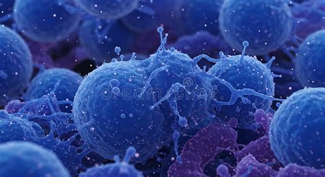 Microscopic View Of Blue Spherical Bacteria With Irregular Textured Surfaces And Stock