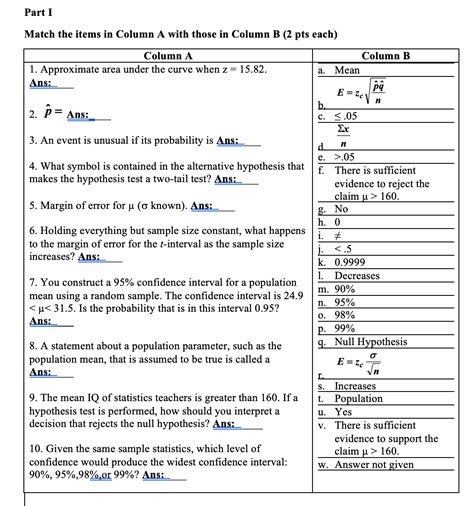 Solved Match The Items In Column A With Those In Column Part I Match The Course Hero
