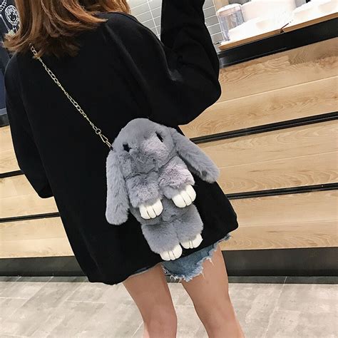 귀여운 인형 토끼 모피 Pompon 토끼 배낭 핸드백 여자 여자 무성한 속눈썹 토끼 체인 메신저 가방 파티 선물열쇠고리