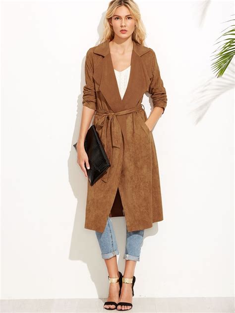 Shein Brown Suede Self Tie Duster Coat Suede Trench Coat Coats For