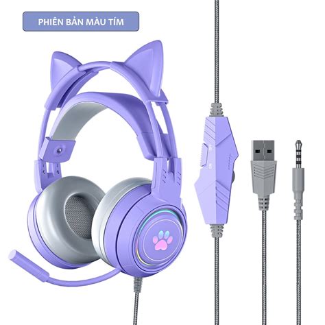 Tai Nghe Gaming Có Dây Tai Nghe Chụp Tai Mèo Có Mic Đèn Led RGB Tai Mèo Cute Dùng Cho Máy Tính