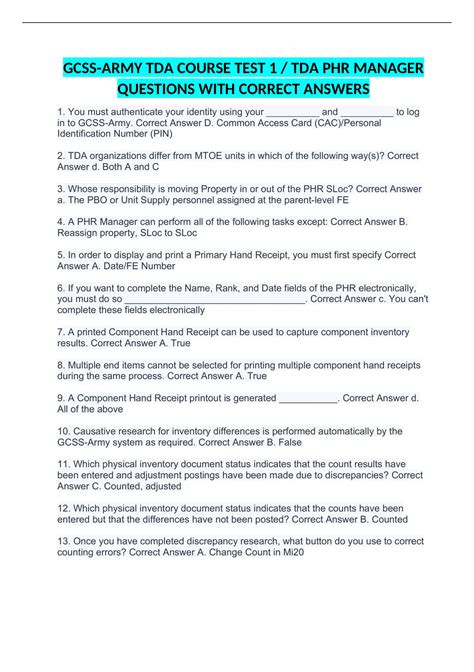 Gcss Army Tda Course Test 1 Tda Phr Manager Questions With Correct