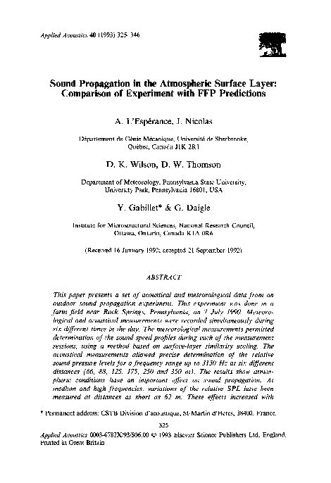 Pdf Sound Propagation In The Atmospheric Surface Layer Comparison Of Experiment With Ffp