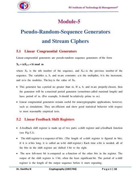 18ec744 Cryptography Module5 Module 5 Pseudo Random Sequence Generators And Stream Ciphers 5