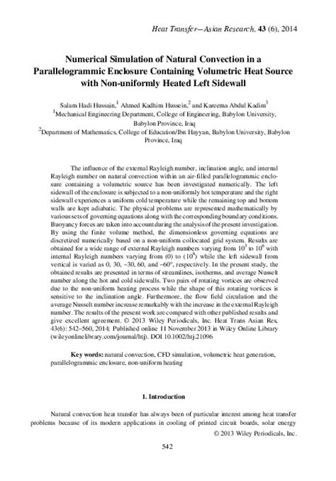 Pdf Numerical Simulation Of Natural Convection In A Square Cavity By