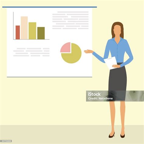 비즈니스 여자 보드에 그래프와 차트 보고서를 보여 줍니다 교사는 과정 설명 교육을 실시 하 고 평면 디자인 벡터 일러스트입니다 강사에 대한 스톡 벡터 아트 및 기타 이미지