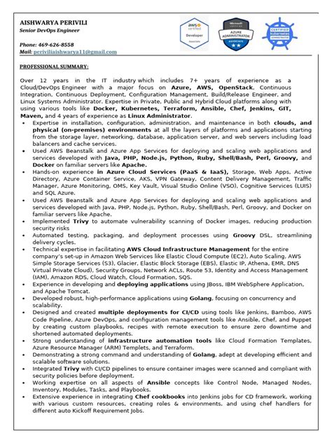 Senior Devops Engineer Resume Pdf Cloud Computing Microsoft Azure