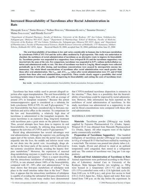 Pdf Increased Bioavailability Of Tacrolimus After Rectal Administration In Rats