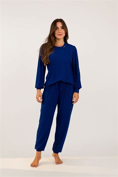 Pijama Longo Feminino Canelado Azul Color Monthal Homewear Loja Oficial