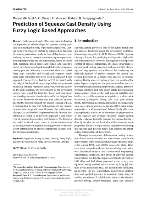 Pdf Prediction Of Squeeze Cast Density Using Fuzzy Logic Based Approaches