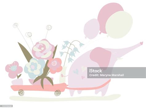 엽서 포스터 여름에 대 한 전단지 분홍색 코끼리는 꽃과 풍선카트를 운반합니다 흰색 배경의 벡터 그림입니다 만화 개념 손이 드로우 격리 개념에 대한 스톡 벡터 아트 및 기타