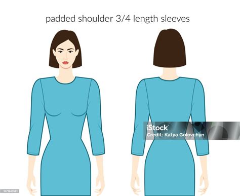 패딩 어깨 소매 옷 캐릭터 아쿠아 탑 셔츠 드레스 34 팔찌 길이의 기술 패션 일러스트에 아름 다운 아가씨 플랫 의류 템플릿 앞면 뒷면 여성 남성 남녀 공통 Cad T