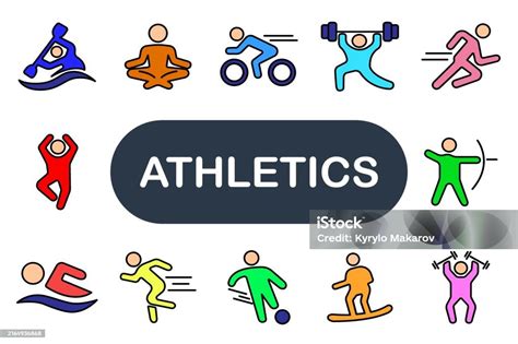 육상 세트 아이콘입니다 조정 요가 사이클링 역도 달리기 양궁 수영 전력 질주 축구 스노보드 피트니스 운동 스포츠 신체 활동 건강한 생활방식에 대한 스톡 벡터 아트 및 기타