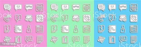 라인 파일 문서 Mail 및 이메일 전화 핸드셋 말풍선 채팅 유료 지원 대화 및 헤드폰설정 아이콘을 설정합니다 벡터 Brand Name Online Messaging