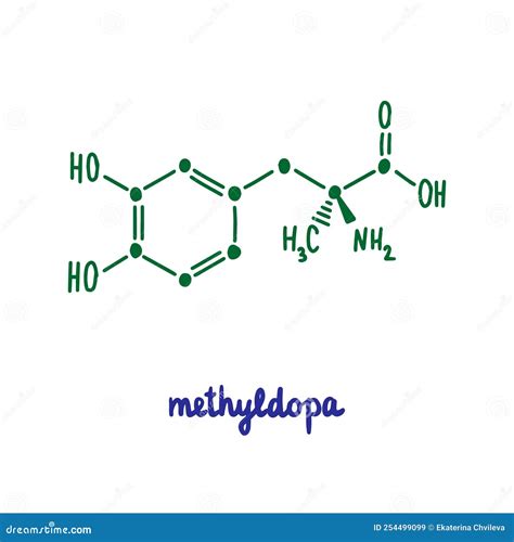 Methyldopa Hand Drawn Vector Formula Chemical Structure Lettering Blue Green
