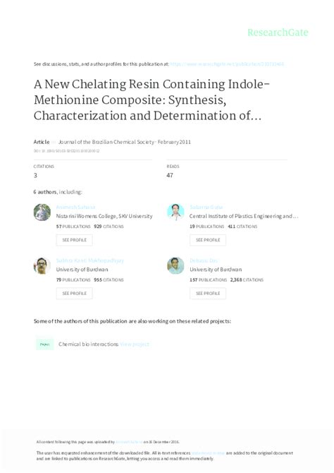 Pdf A New Chelating Resin Containing Indole Methionine Composite