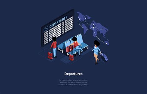 벡터 일러스트레이션 캐릭터와 만화 3d 스타일 항공편 항공 여행 출발 목록 개념에 대한 등소 구성 기다리는 사람들 글과 함께 화면 수하물과 함께 앉아 승객 간판에 대한 스톡