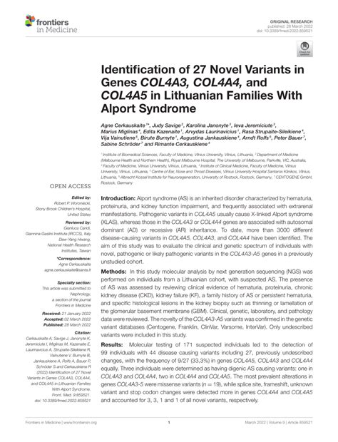 Pdf Identification Of 27 Novel Variants In Genes Col4a3 Col4a4 And Col4a5 In Lithuanian