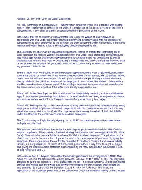 Labor Code Articles 106 107 And 109 Joint And Several Liability Pdf Independent Contractor