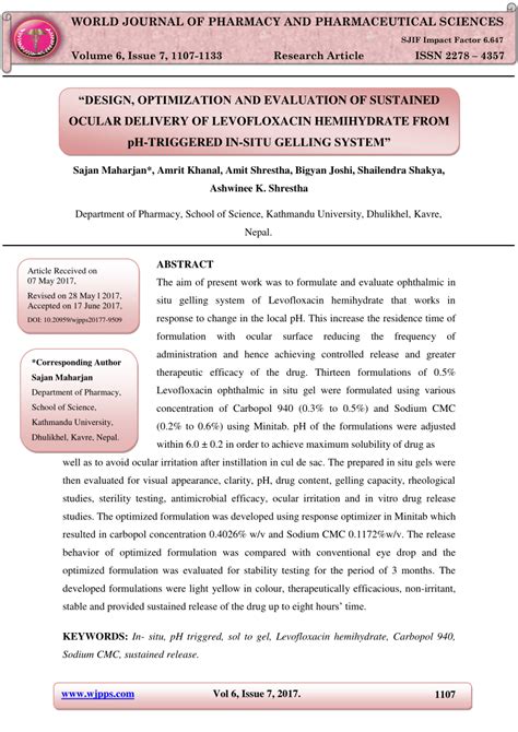 Pdf Design Optimization And Evaluation Of Sustained Ocular Delivery Of Levofloxacin