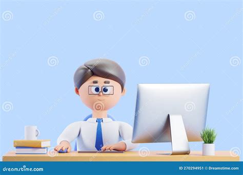 3d Rendering Cartoon Man Working With Pc Computer Copy Space Stock Illustration Illustration
