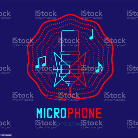 레트로 마이크 로고 아이콘 개요 선 케이블 대시 선 디자인 일러스트 레이 션 마이크 텍스트와 복사 공간 벡터 Eps 10와 어두운 파란색 배경에 고립에서 웨이브 프레임에