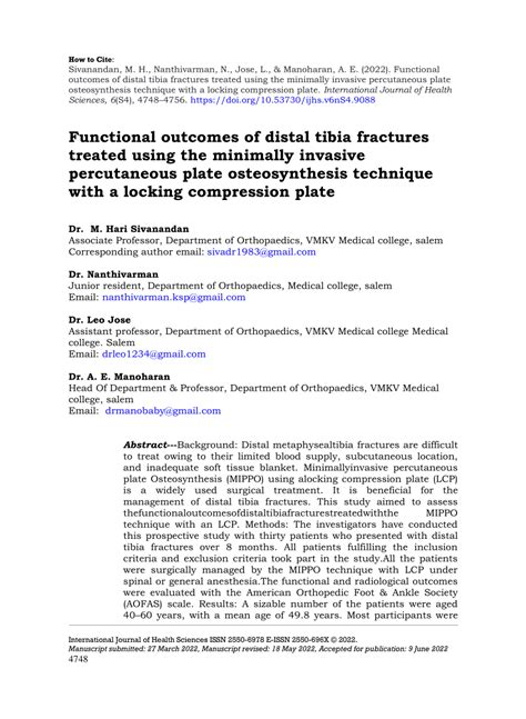Pdf Functional Outcome Of Distal Tibia Fractures Treated With Minimally Invasive Percutaneous