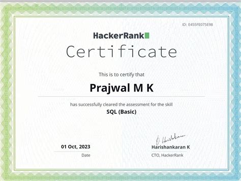 Prajwal M K On Linkedin I Have Successfully Completed The Sql Certificate From Hackerrank 🎉 Sql