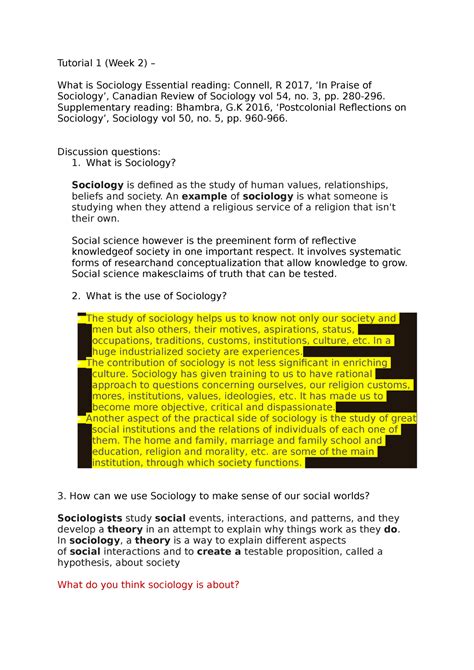 Tutorial 1 Soc Lecture Notes 1 Tutorial 1 Week 2 What Is Sociology Essential Reading
