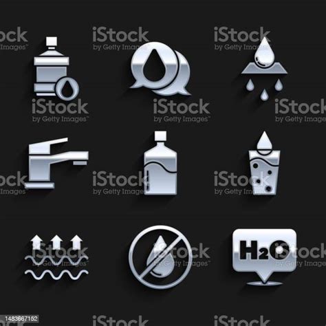 깨끗한 물 물방울 금지 화학식 H2o 유리 파도 및 증발 수돗물 재활용 아쿠아 및 아이콘으로 큰 병을 설정하십시오 벡터 0명에 대한 스톡 벡터 아트 및 기타 이미지 Istock