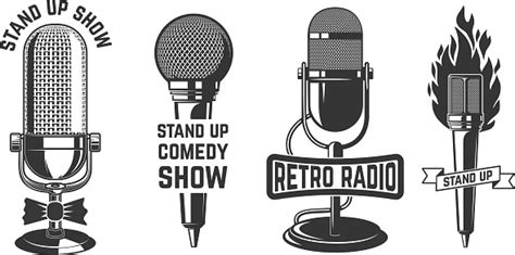 스탠드 업 쇼 복고풍 마이크와 엠블럼 세트 라벨 사인 포스터 티셔츠용 디자인 요소 벡터 일러스트레이션 마이크에 대한 스톡 벡터