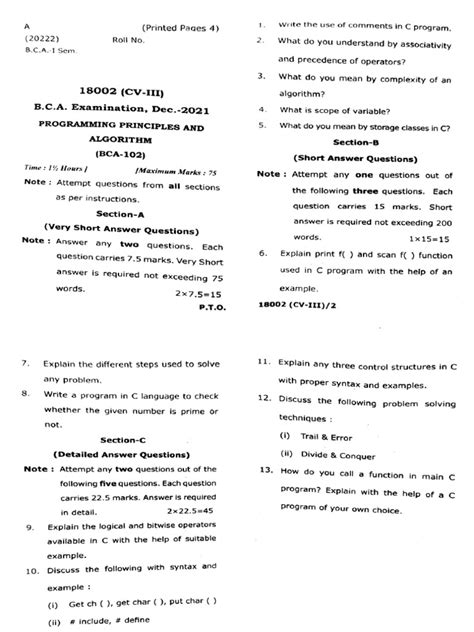Bca 1 Sem Programming Principles And Algorithm 18002 Cv 3 Dec 2021 1 1