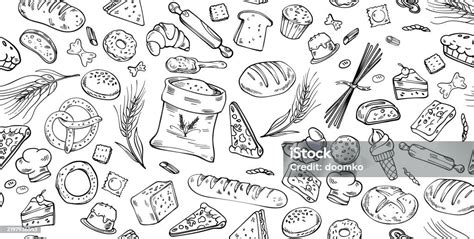 베이커리 배경입니다 수평 손으로 그린 스케치 빵 과자 달콤한 베이커리 세트 벡터 일러스트 레이 션 벡터 일러스트 레이 션 곡초류에 대한 스톡 벡터 아트 및 기타 이미지