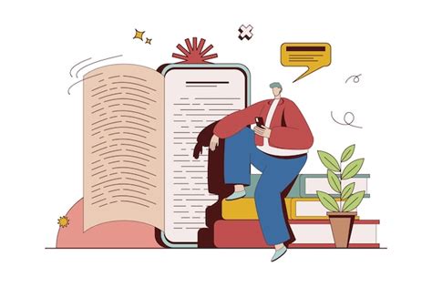플랫 디자인의 문자 상황을 사용한 온라인 읽기 개념 Man은 모바일 응용 프로그램을 사용하여 전자책을 읽습니다 스마트폰에서 전자