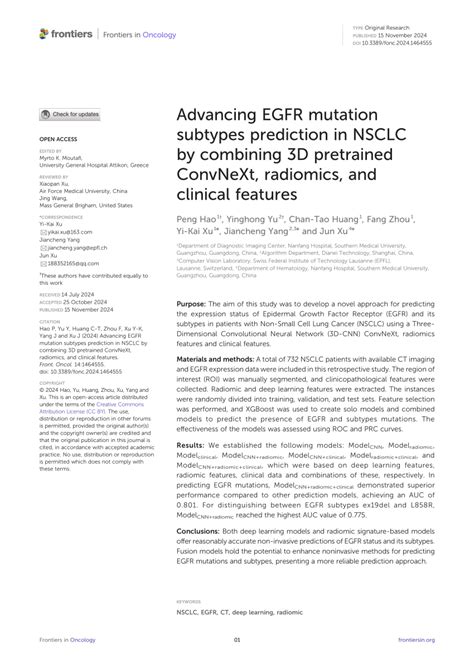Pdf Advancing Egfr Mutation Subtypes Prediction In Nsclc By Combining 3d Pretrained Convnext