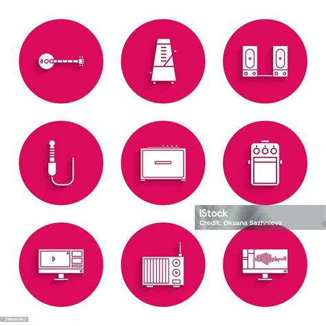 기타 앰프 설정 안테나가 있는 라디오 모니터의 사운드 또는 오디오 레코더 페달 비디오 편집기 소프트웨어 오디오 잭 스테레오 스피커 및 밴조 아이콘 벡터 그림자에 대한 스톡