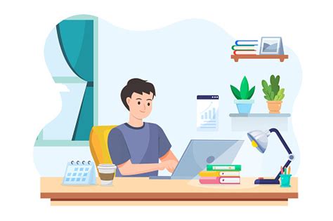 집에서 일하기 위해 노트북을 사용하는 청년 만화 캐릭터 개념에 대한 스톡 벡터 아트 및 기타 이미지 개념 교육 기업 비즈니스 Istock